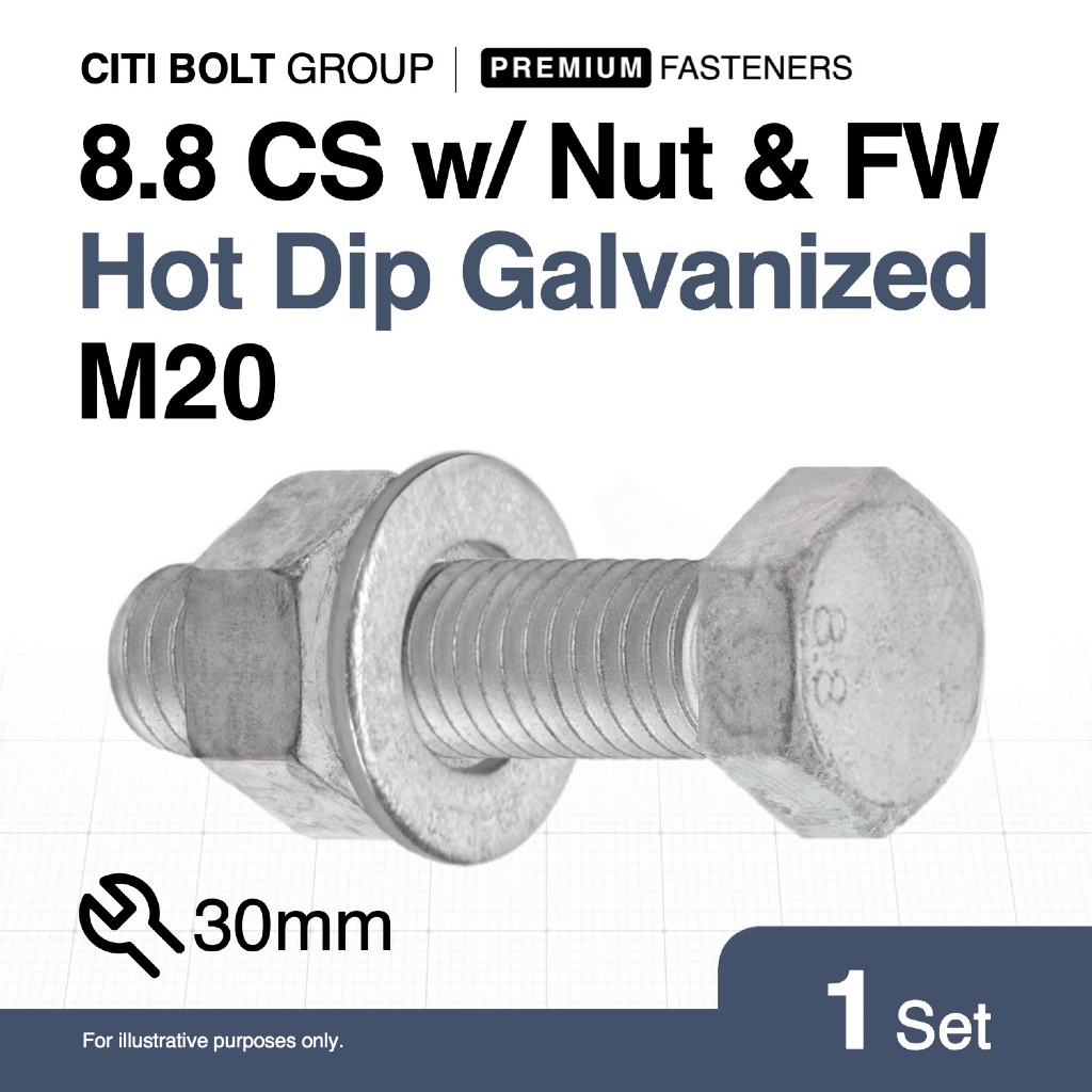 1set M20 (20MM) Grade 8.8 High Tensile Hex Cap Screw FT w/ Nut & FW ...