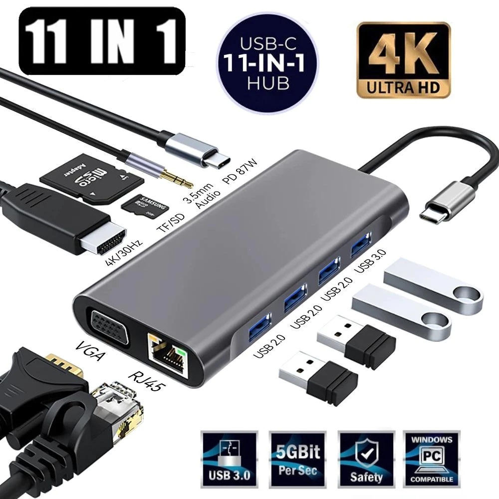 11-in-1 USB-C Hub with Ethernet HDMI VGA SD/TF Card Slots Compatible ...