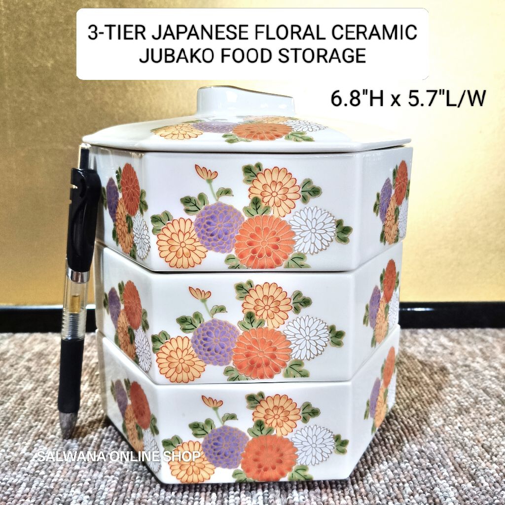 3-TIER JAPANESE FLORAL CERAMIC JUBAKO FOOD STORAGE • JAPAN SURPLUS ...
