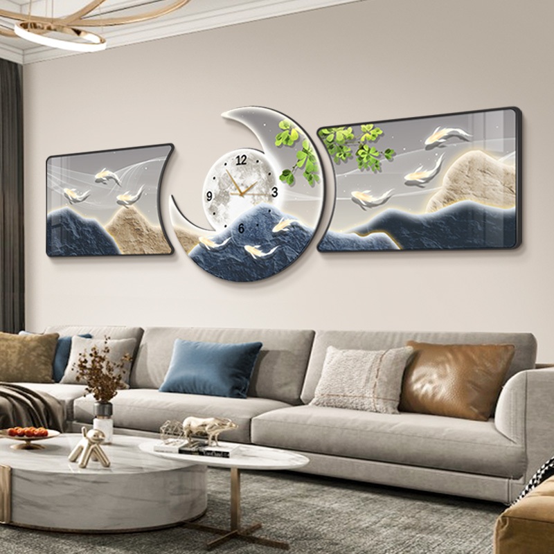 Landscape 3 Piece Set Clock Wall Mural Living Room Metal Frame Clock ...