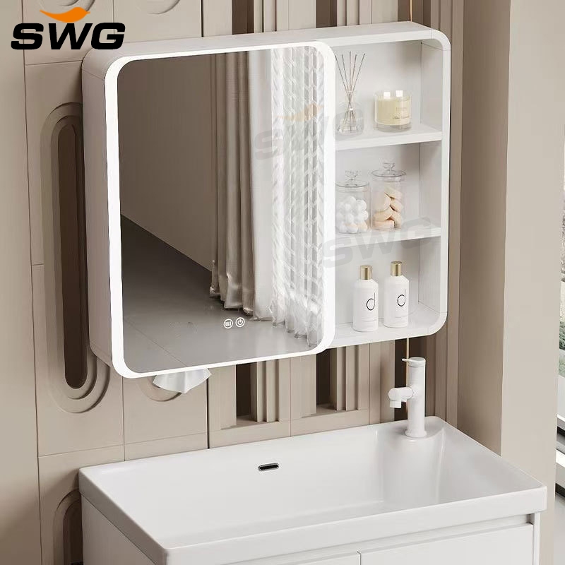 SWG Wall Mounted Bathroom Mirror Cabinet with Door & Storage Shelves ...