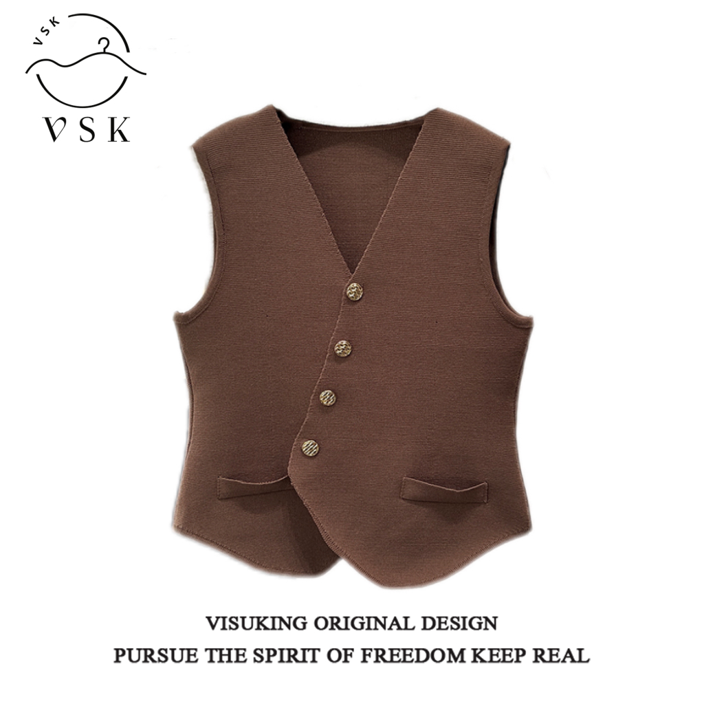 VISUKING Woman's Vest V-Neck Slanted Button Sleeveless Knitted Sweater ...