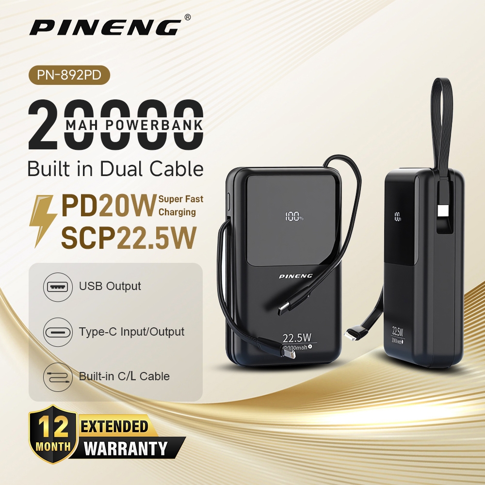 PINENG 892PD 20000mAh Powerbank 22.5W Built-in Dual Cable Multi-device ...