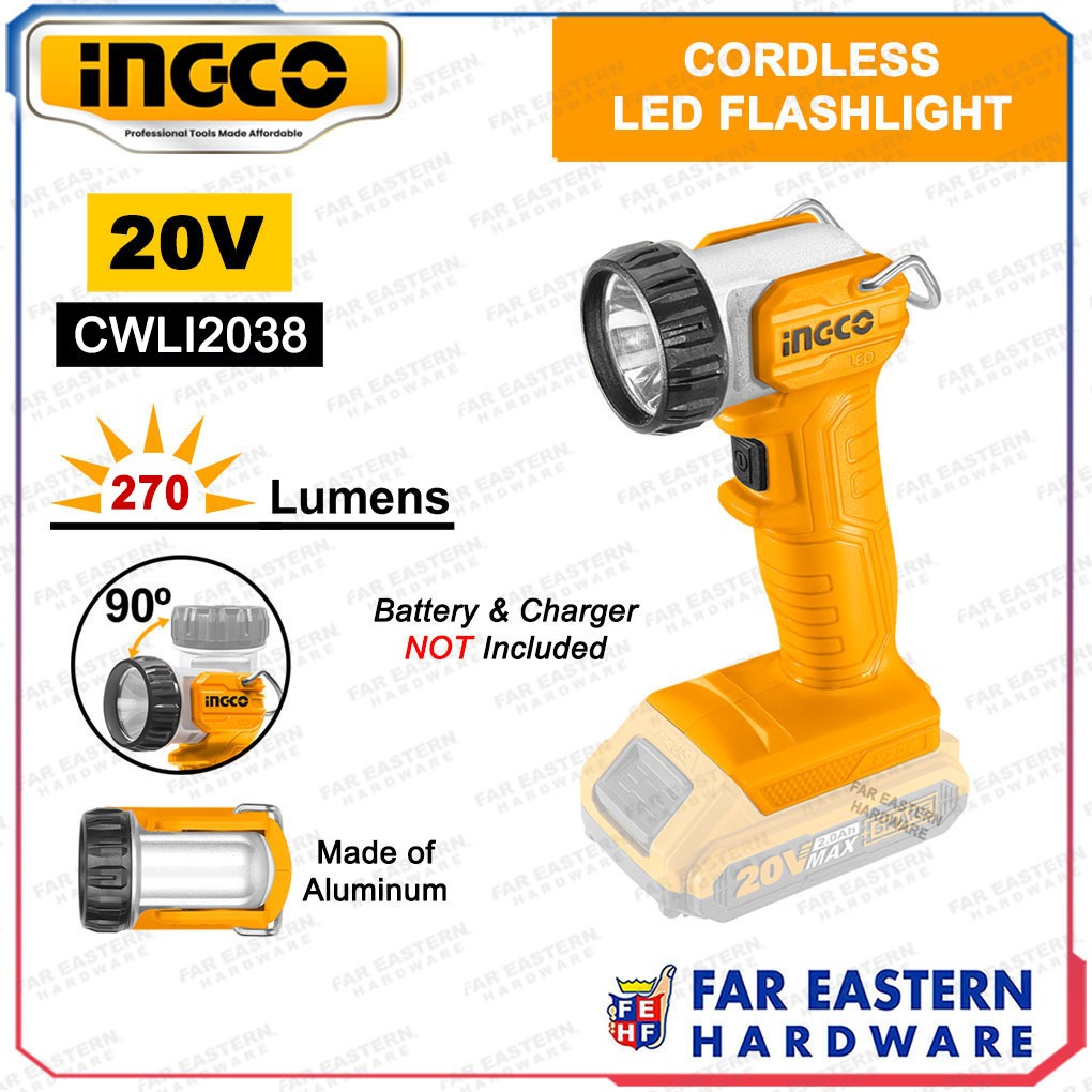INGCO Cordless LED Flashlight Portable Work Light Lamp Torch 20V ...