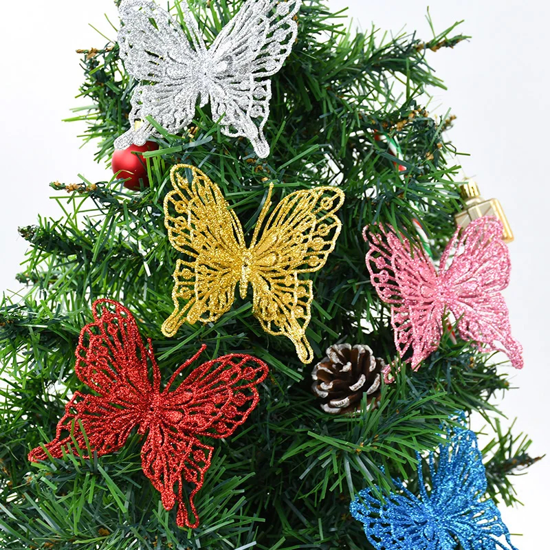 6/12Pcs Christmas Tree Butterfly Decorations Glitter Hollow Butterfly ...