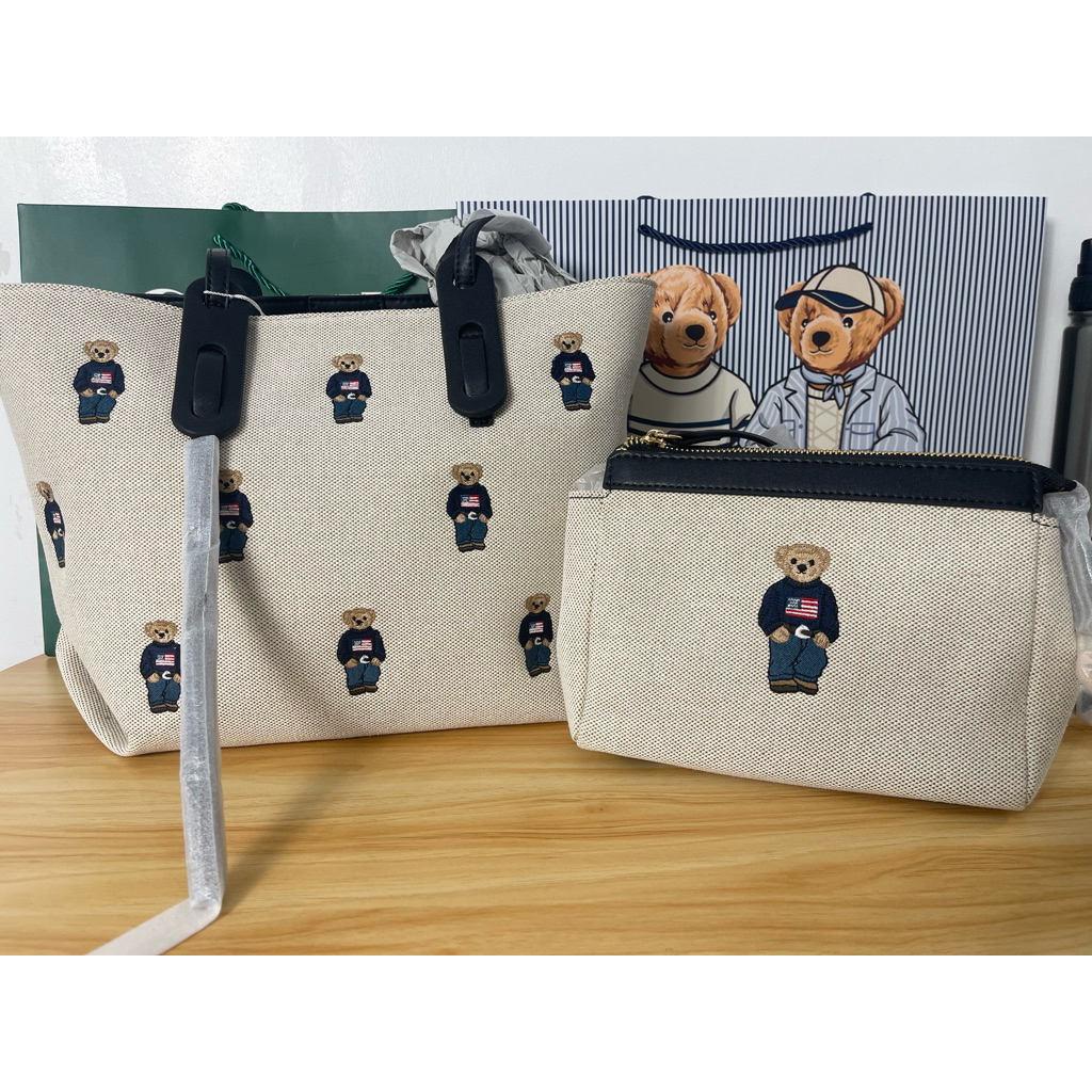 TTWN BEAR GUOO BEAR 2 Bags in 1 tote bag and pouch with handle ...