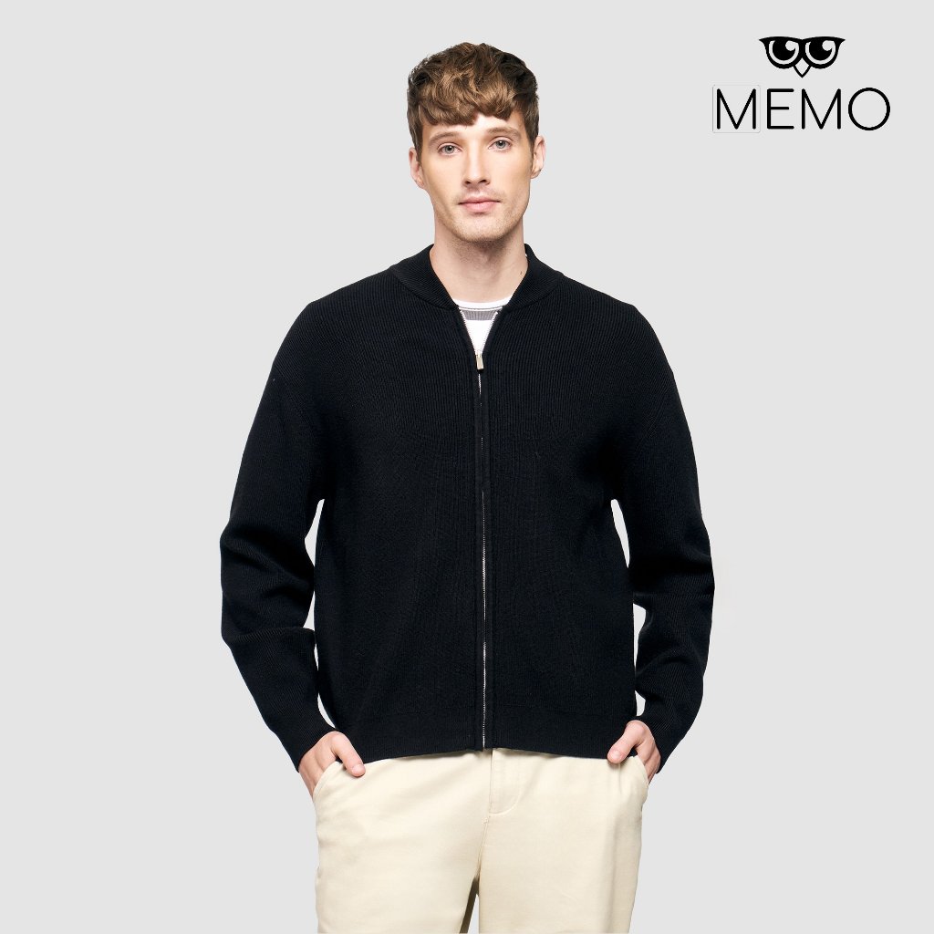 Memo Textured Knit Jacket with Zip Closure For Men (Black/Cream ...