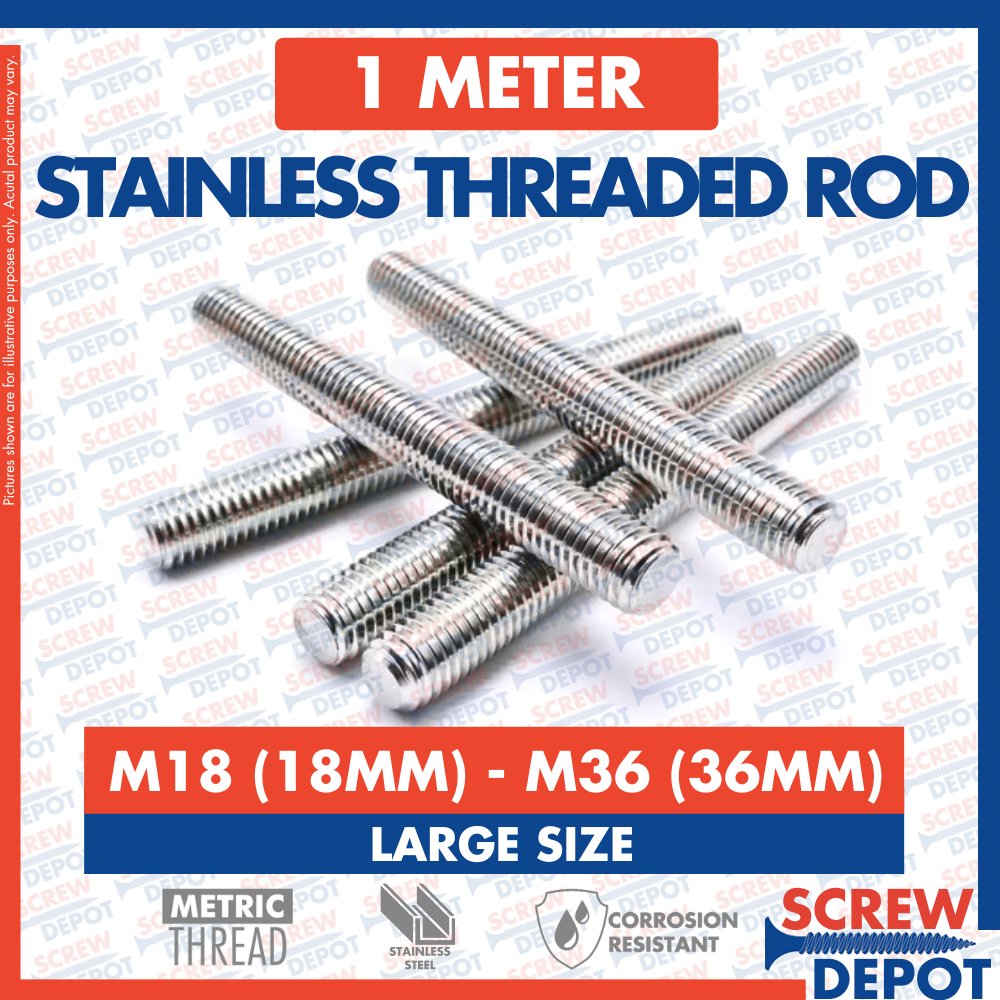 1PC M18- M36 x 1M Stainless Threaded Rod / SS304 Stud Bolt / Fully ...