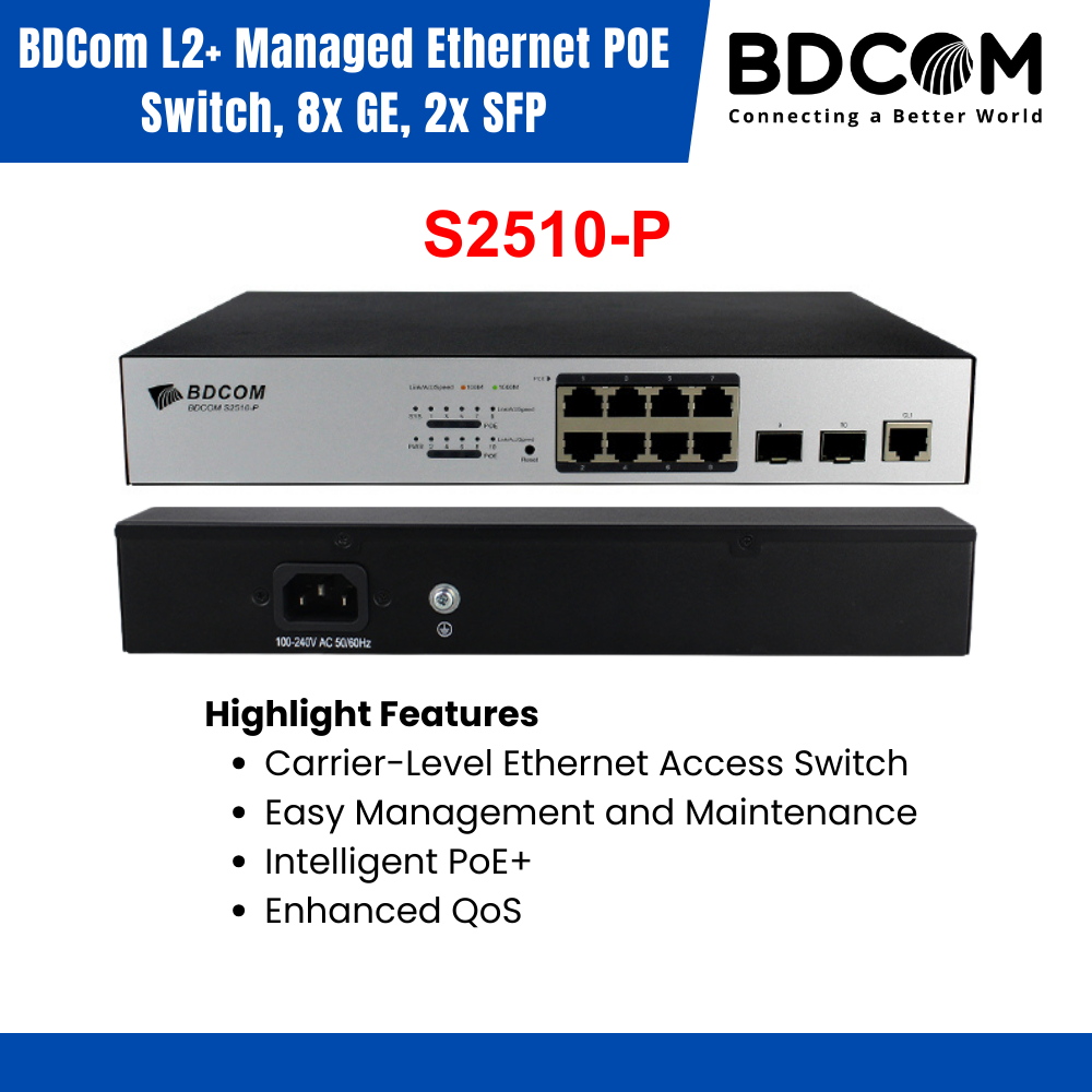 BDCom L2+ S2510-P Managed Ethernet POE Switch, 8x GE, 2x SFP, 150W POE, 100-240V | Shopee ...