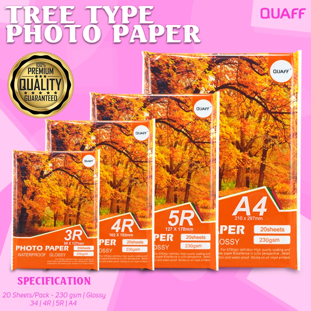 QUAFF Photo Paper Tree Type 230GSM A4 5R 4R & 3R size with Back Print ...