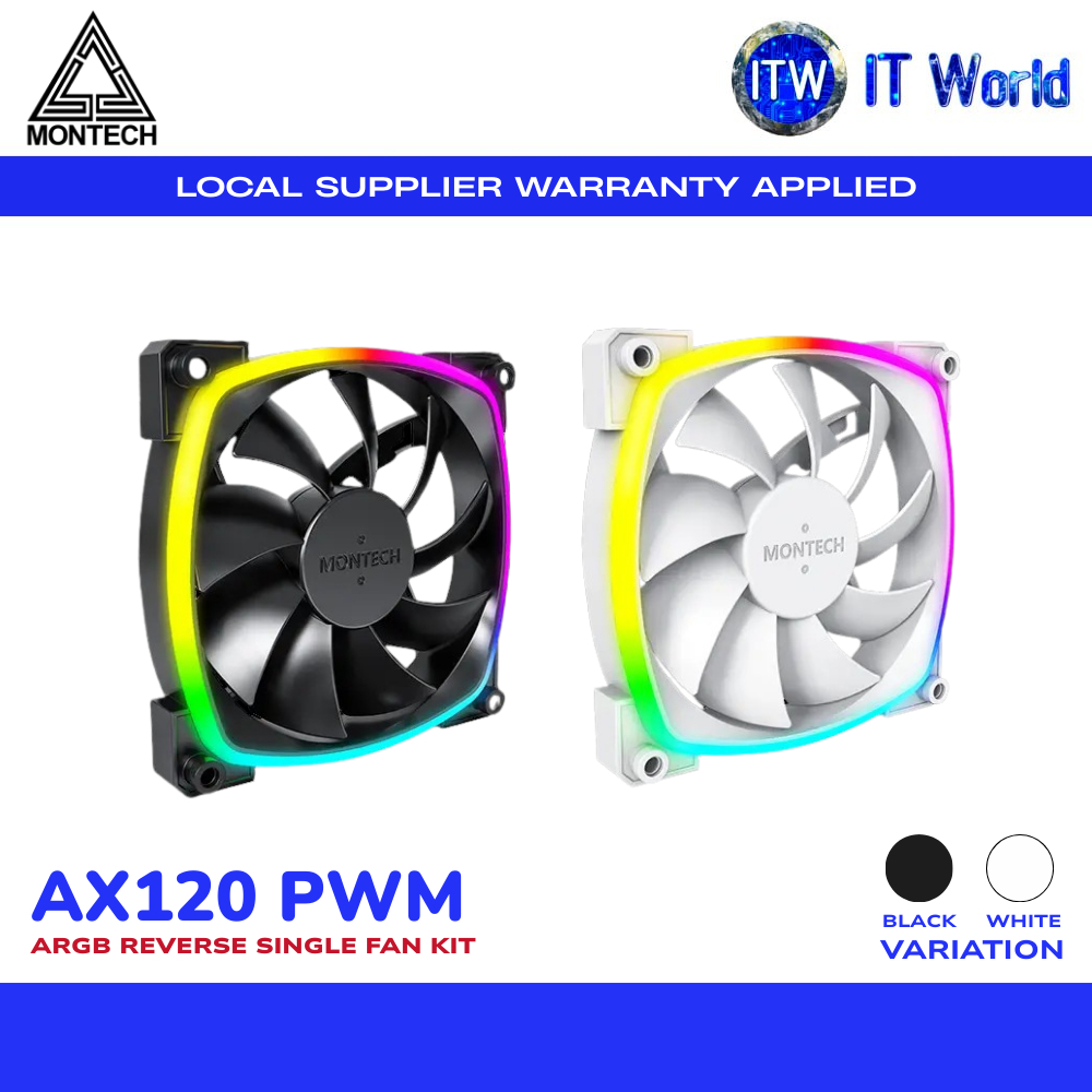 Montech AX120 PWM 120mm ARGB Reverse Single Fan Kit (Black | White ...