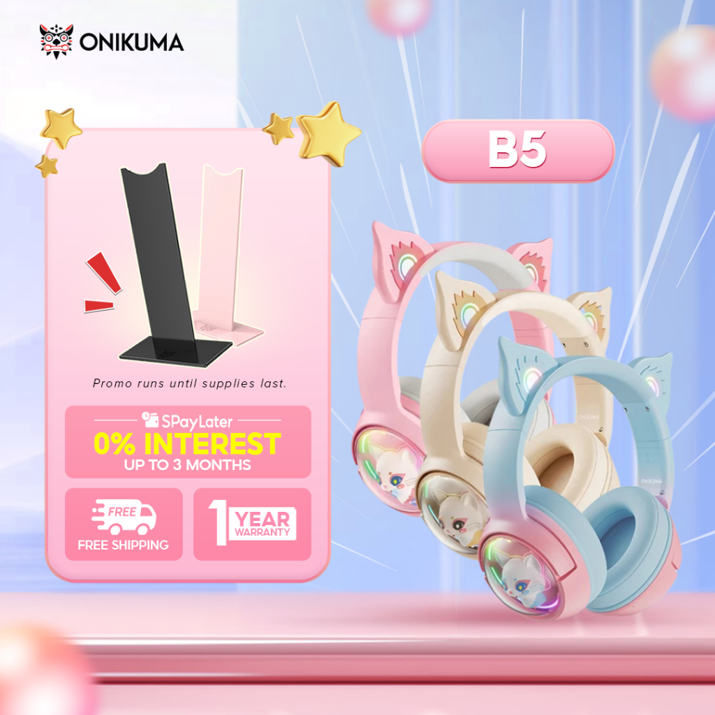 Onikuma B5 Wireless Gaming Headset Cat Ear Pink Bluetooth Headphones ...