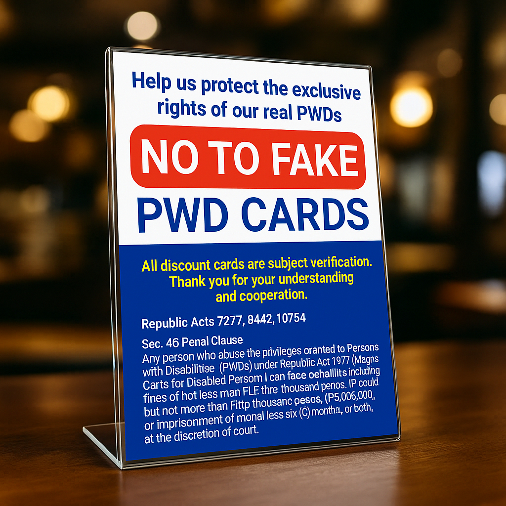 LE Acrylic Sign No To Fake PWD Cards A4 A6 Standee Self Standing ...