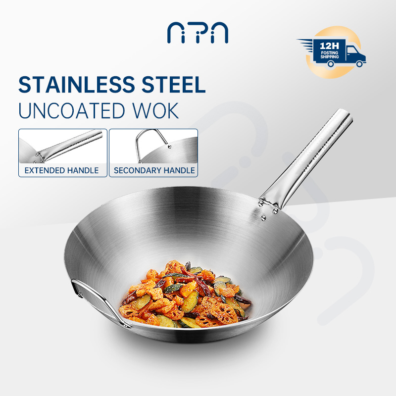 Nipiin Kitchen Stainless Steel Wok Pan with handle Frying Pan Non Stick Pan Kawali Stove ...