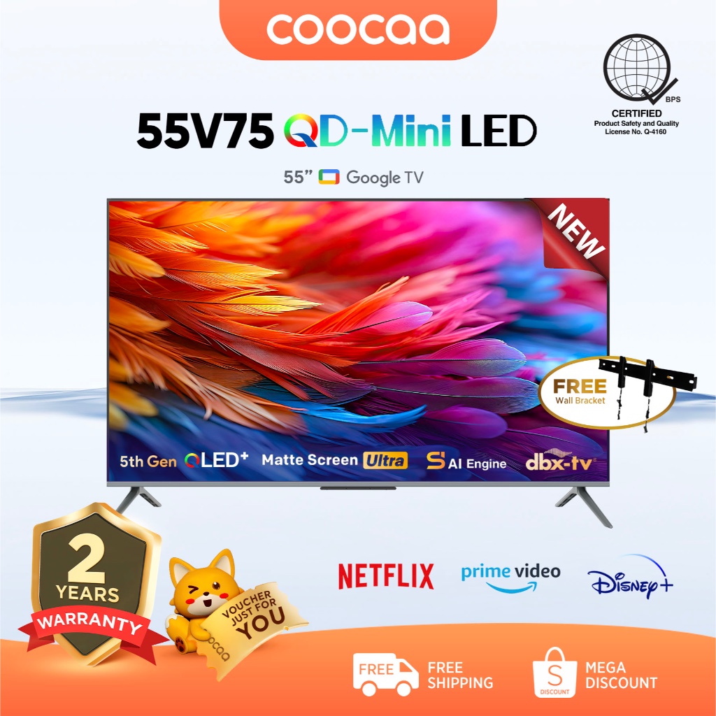 【NEW】COOCAA 55 Inch 4K Mini QLED TV- 55V75 (5TH Gen QLED+, S'AI Engine ...