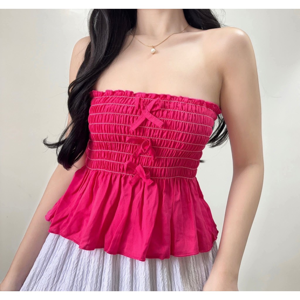 [THCB] Flamarra Smocking Tube Top with Ribbon (Cropped) | Shopee ...