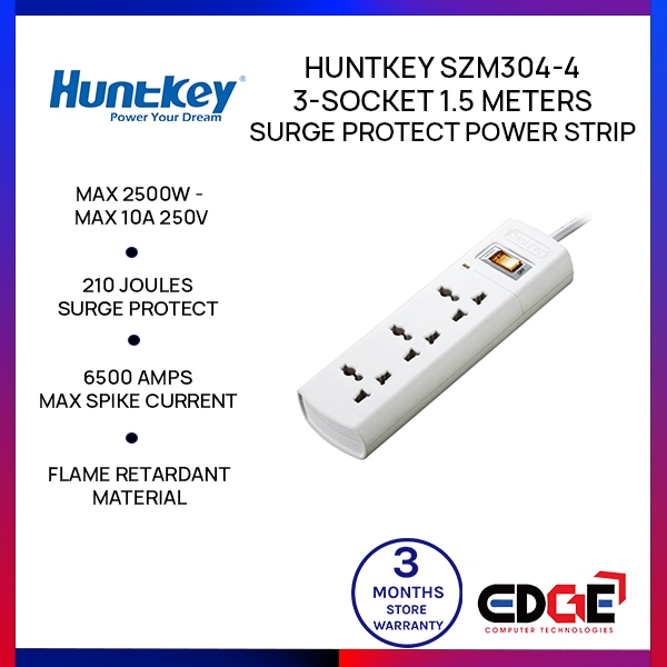 EDGE | HUNTKEY SZM304-4 3-Sockets 1.5 Meters Surge Protect Power Strip | Shopee Philippines