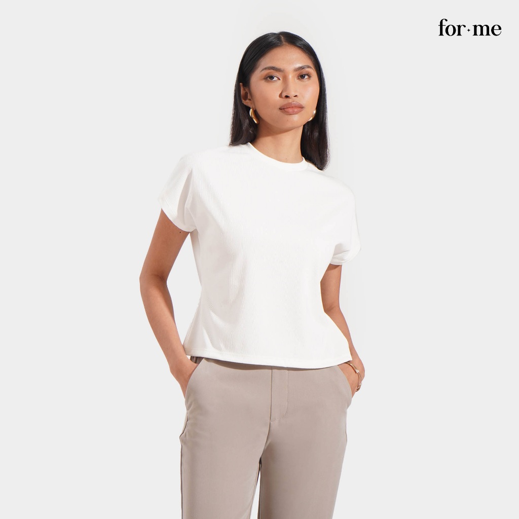 ForMe Ribbed Extended Sleeves Tee T-Shirt For Women (Off White/Tan ...