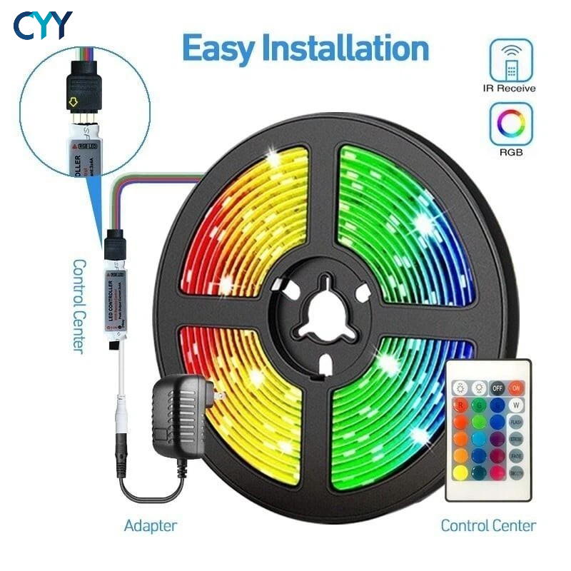 CYY 10M LED strip light RGB 24keys Remote Control 12V 2A Power Adapter ...