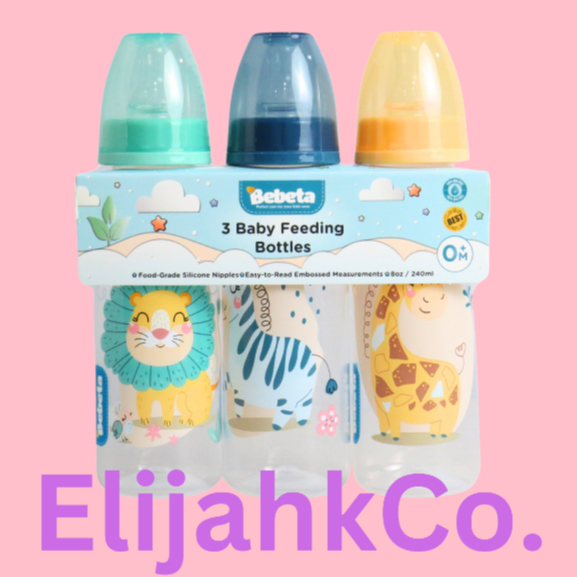 Bebeta Feeding Bottle 8oz Regular Neck w/Scale Hood & Animal Print 3pcs ...