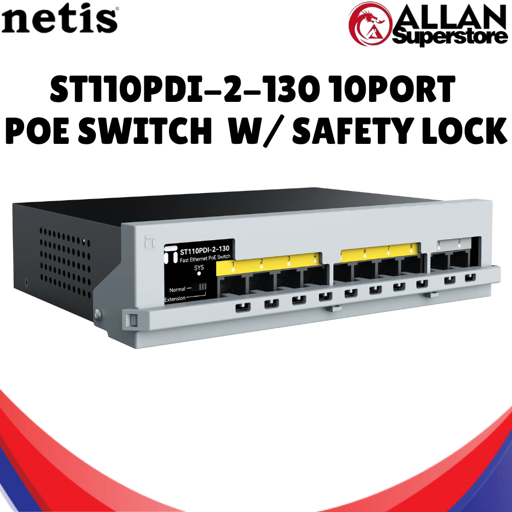 NETIS ST110PDI-2-130 Fast Ethernet PoE Switch with Attached Safety Lock ...