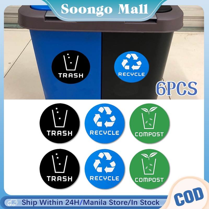 6Pcs Waterproof Recycle Bin Stickers Round Trash Can Labels for ...
