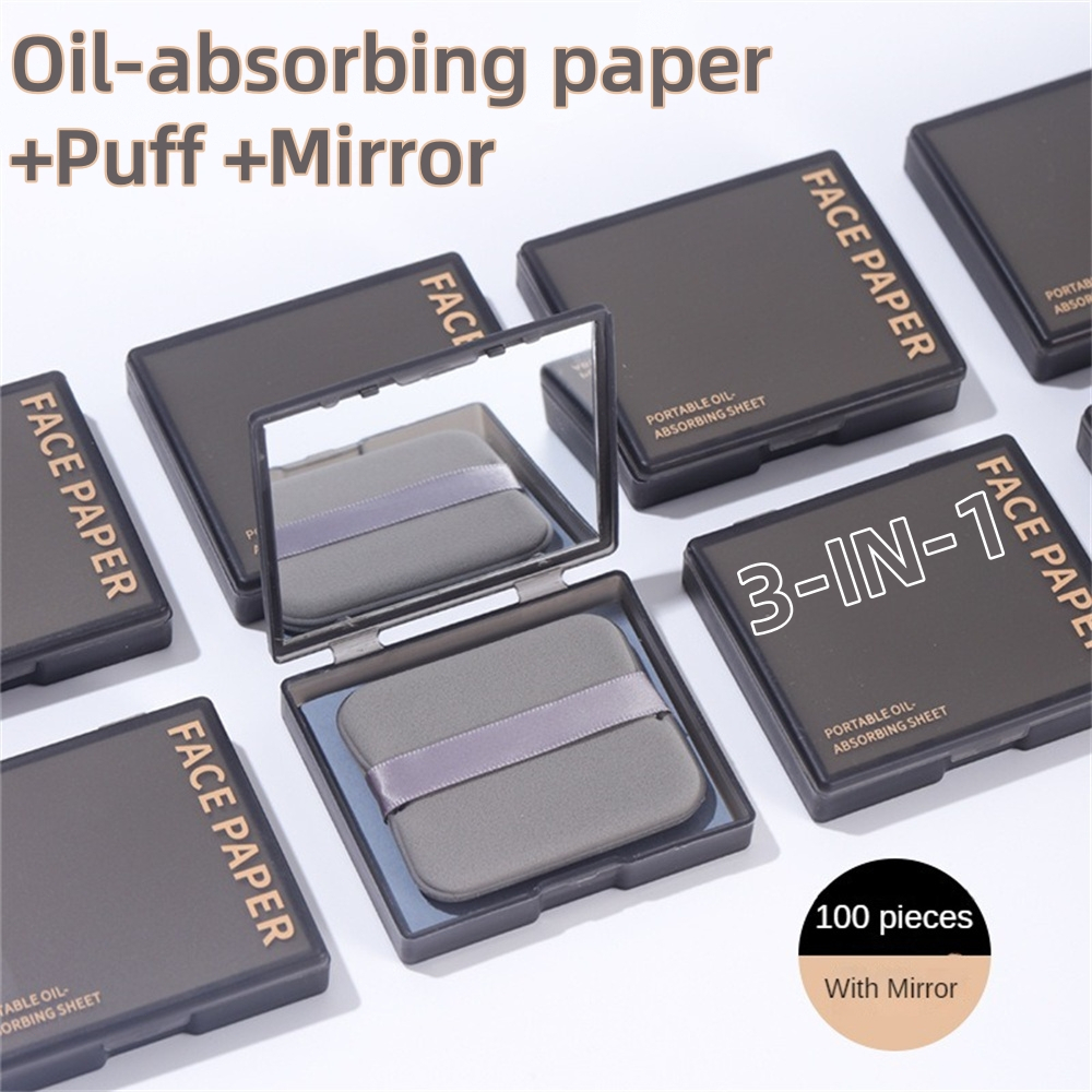 100 Sheets Oil-absorbing Paper with Puff and Mirror 3-IN-1 Portable Oil ...