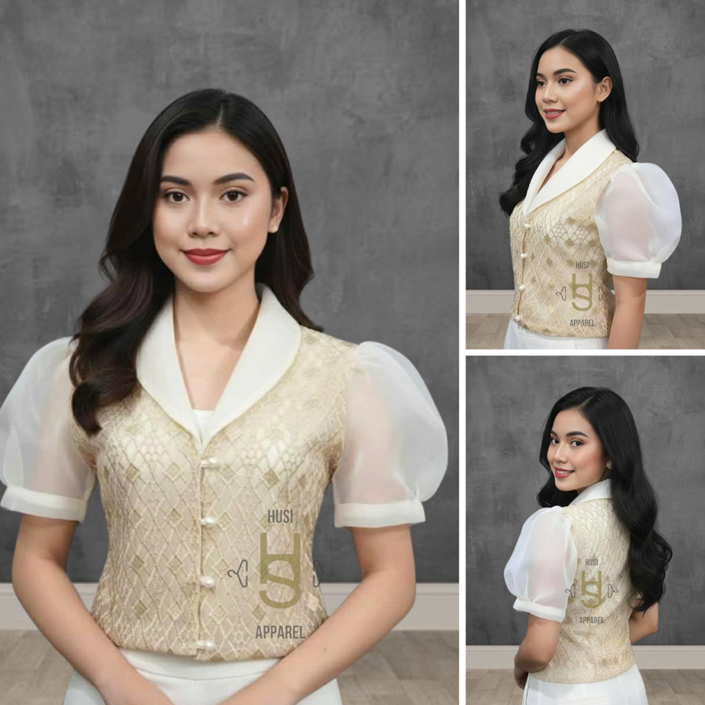 MODERN FILIPINIANA COMBI EYELET PUFF SLEEVES - CREAM | Shopee Philippines