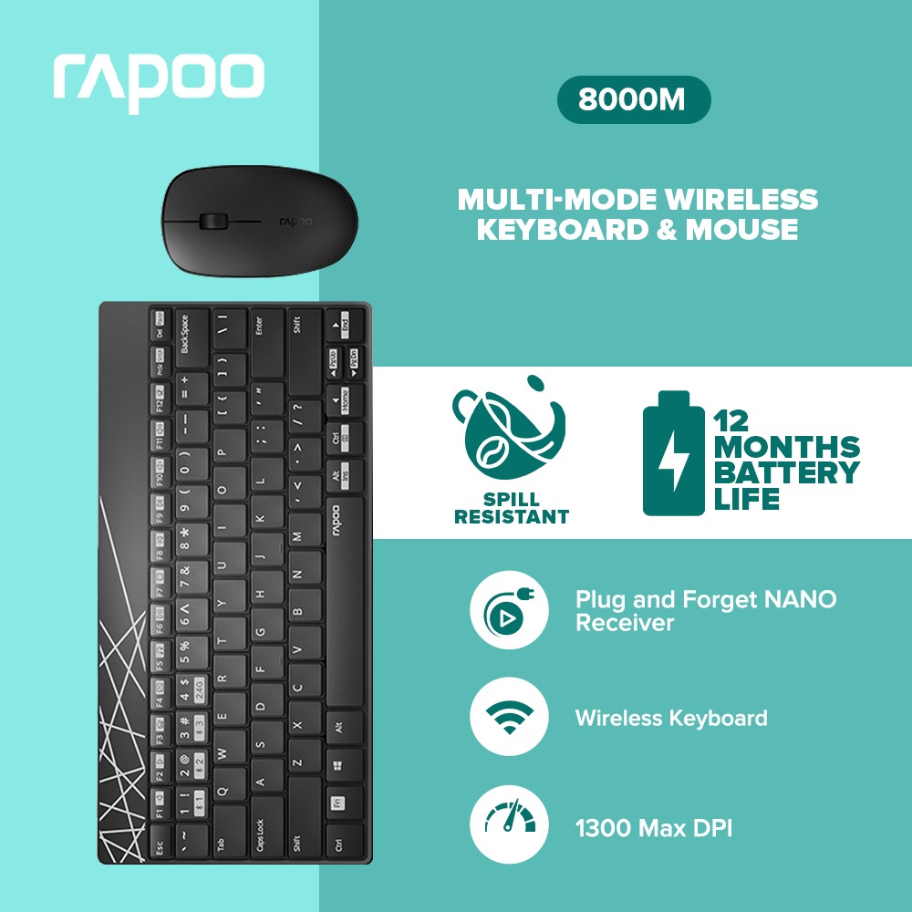 Rapoo K800/8000M 2.4G Wireless Keyboard Silent Mini Compact Low-Profile ...