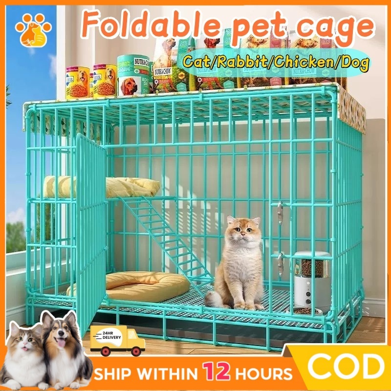 2-Layer Foldable Pet Cage Cat Cage With Poop Tray Pet Collapsible Cage ...