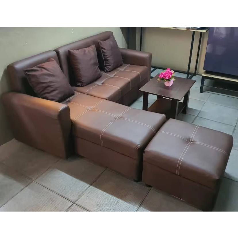 L shape leather brown (sala set ) with center table | Shopee Philippines