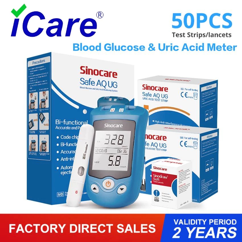 iCare Sinocare Safe AQ UG Blood Glucose & Uric Acid Meter 2in1 Test Kit ...