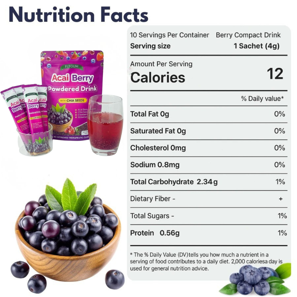 Acai Berry Powdered Drink Fitgum With Chia Seeds Glutathione Collagen ...
