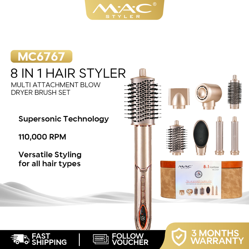 MAC Styler 8 in 1 Hair Styler Multi Attachment Blow Dryer Brush Set ...