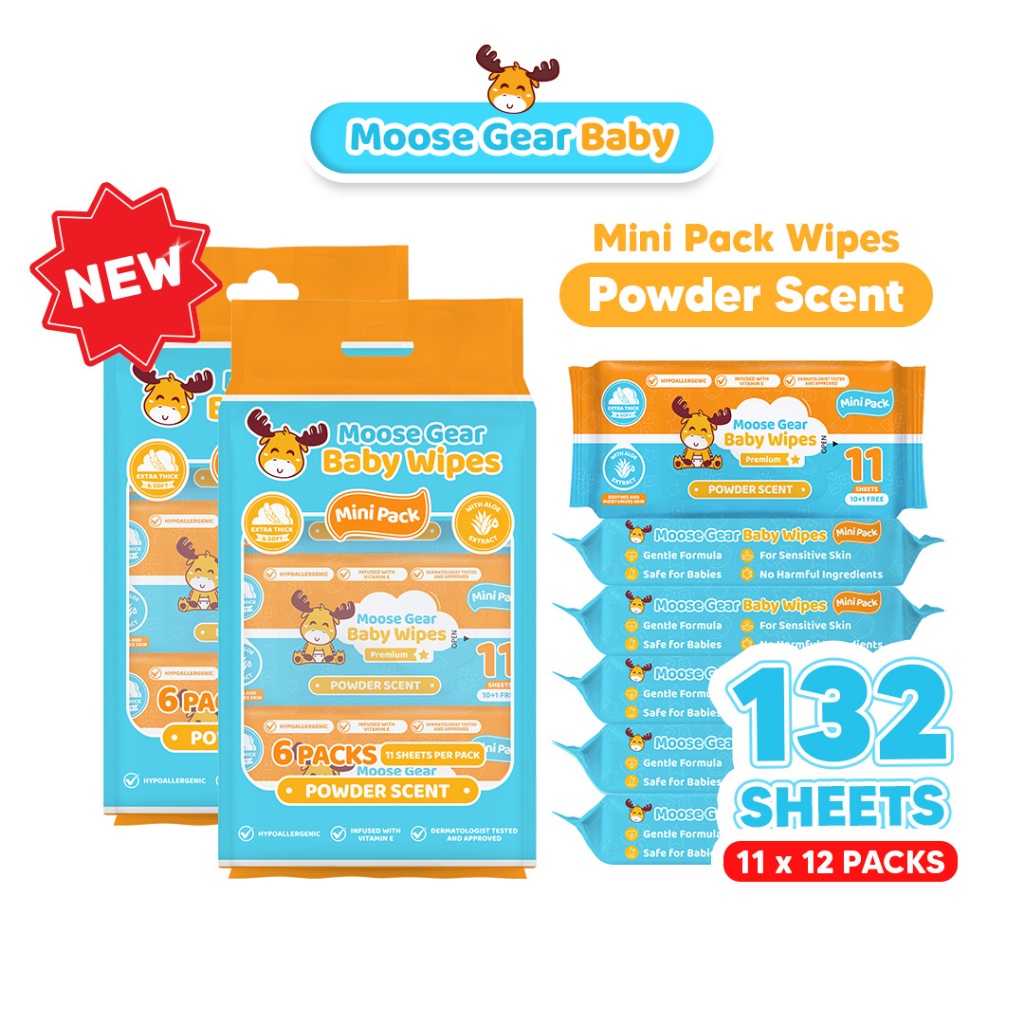 Moose Gear Baby Mini Wipes Premium Powder Scent 12PACKS (11s per pack ...