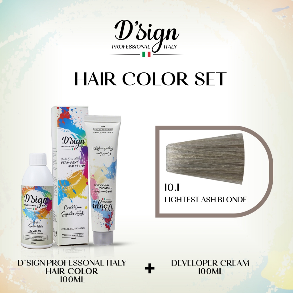 D’sign Professional Italy Hair Color Set 10.1 Lightest Ash Blonde 100ml ...
