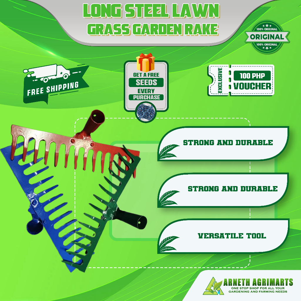 ARNETH HIGH QUALITY LONG STEEL LAWN GRASS GARDEN RAKE | Shopee Philippines