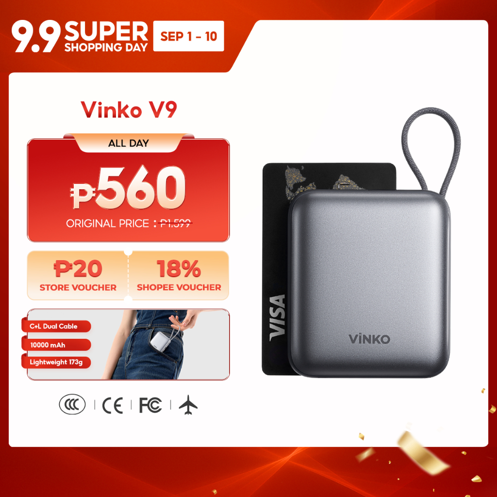 VINKO Pocket V9 Grey Power Bank 22.5W CCC Fast Charging 10000mAh White For Lightning Type-C ...
