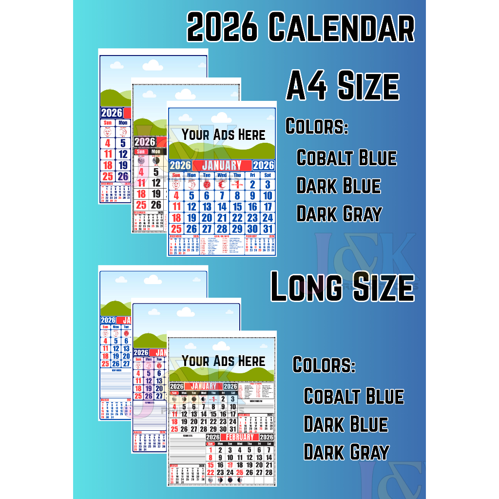 Commercial Calendar 2026 with customized ADs | Sizes: Long and A4 ...