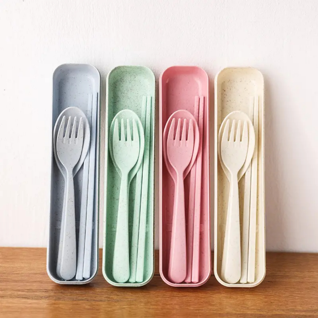 Plastic Wheat Straw 3 In 1 Spoon Fork & Chopstick Set With Organizer ...