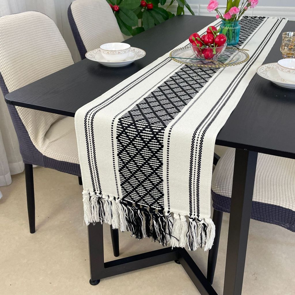 Table Runner Cotton Linen Striped Grid Wear Resistant Tassel Home ...