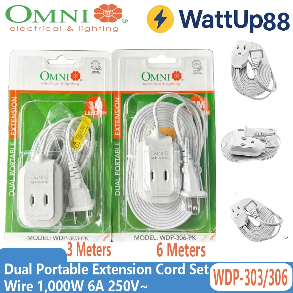 Omni Dual Portable Extension Cord Wire WDP-303/W WDP-306/W 3 Meters 6 ...