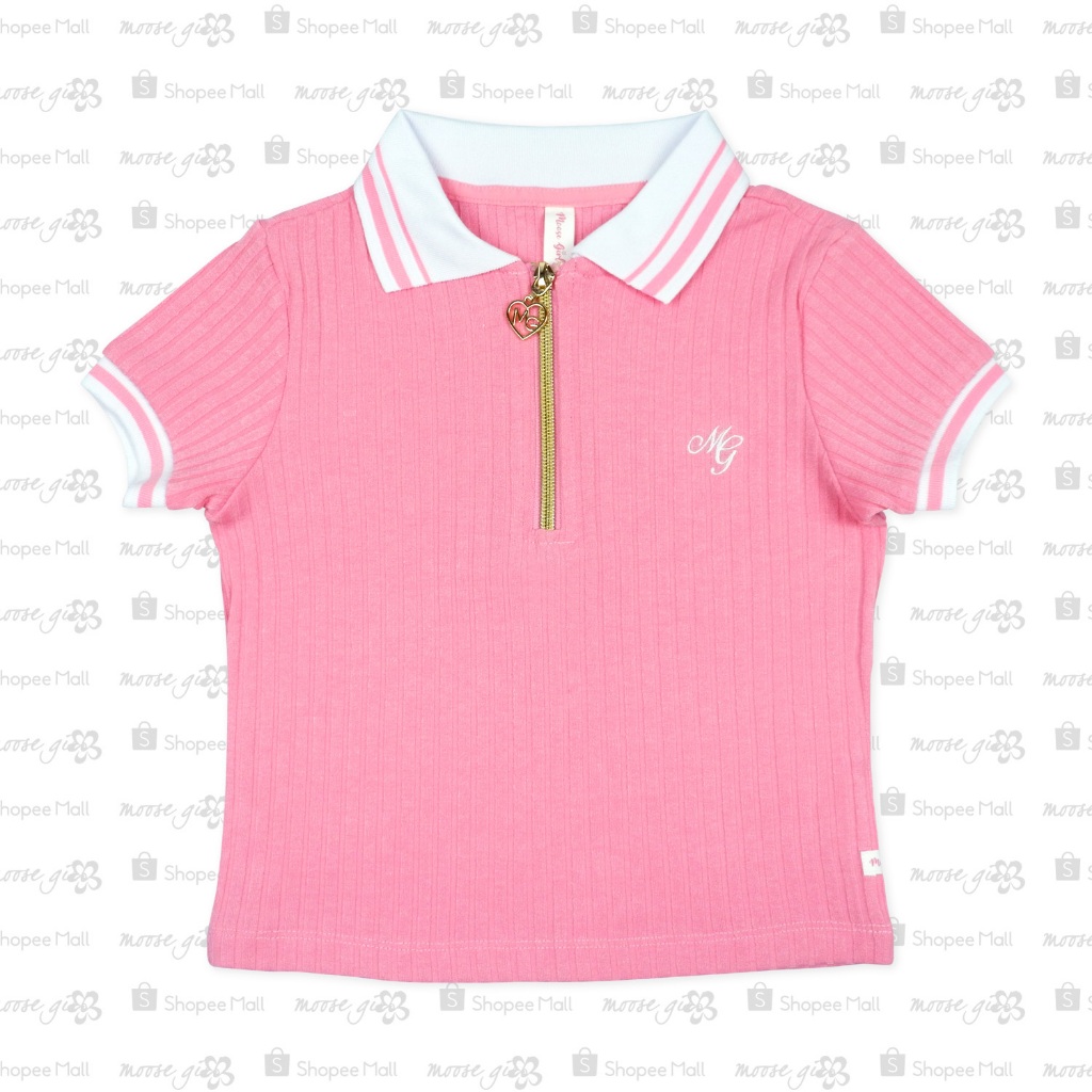 Moose Girl Pink Combi Short Sleeves Blouse with Collar Ribbed Fabric ...