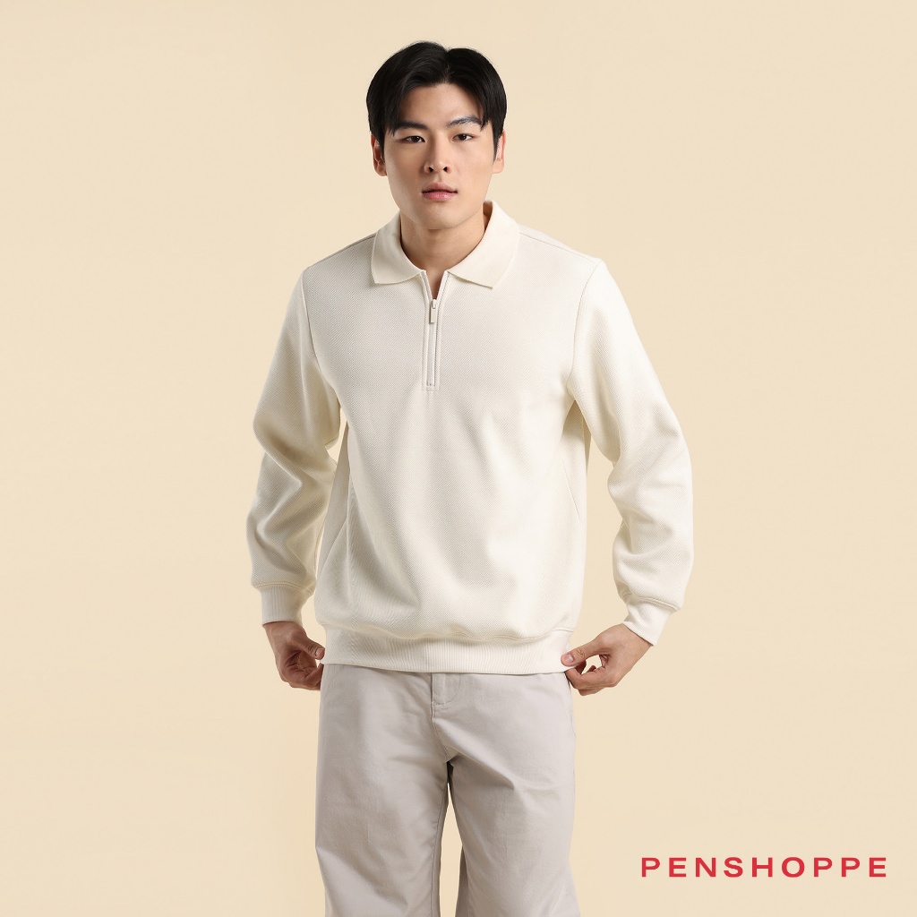 Penshoppe Dress Code Relaxed Textured Half Zip Sweatshirt (Off White ...