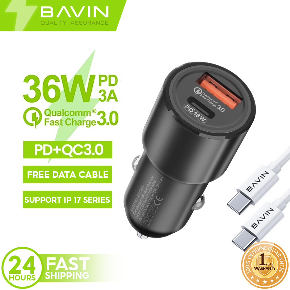 BAVIN PC329 36W Dual Port Car Charger (USB+Type-C) Fast Charging for ...