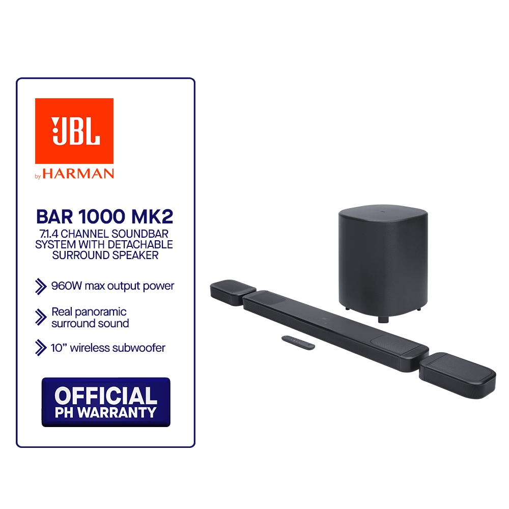 JBL BAR 1000 MK2 7.1.4 Channel Soundbar System with Detachable Surround ...