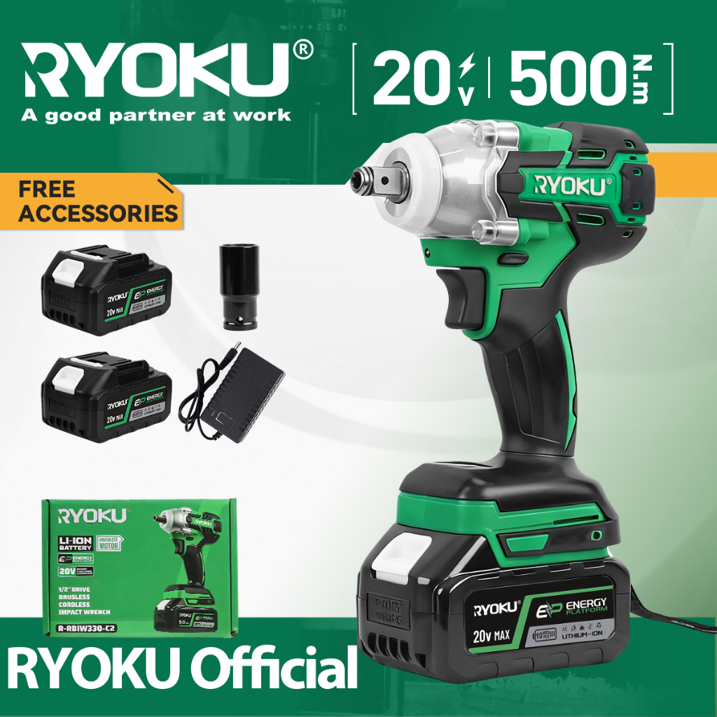 RYOKU Cordless Impact Wrench 500N.M Brushless Wrench With 2 Batteries | Shopee Philippines