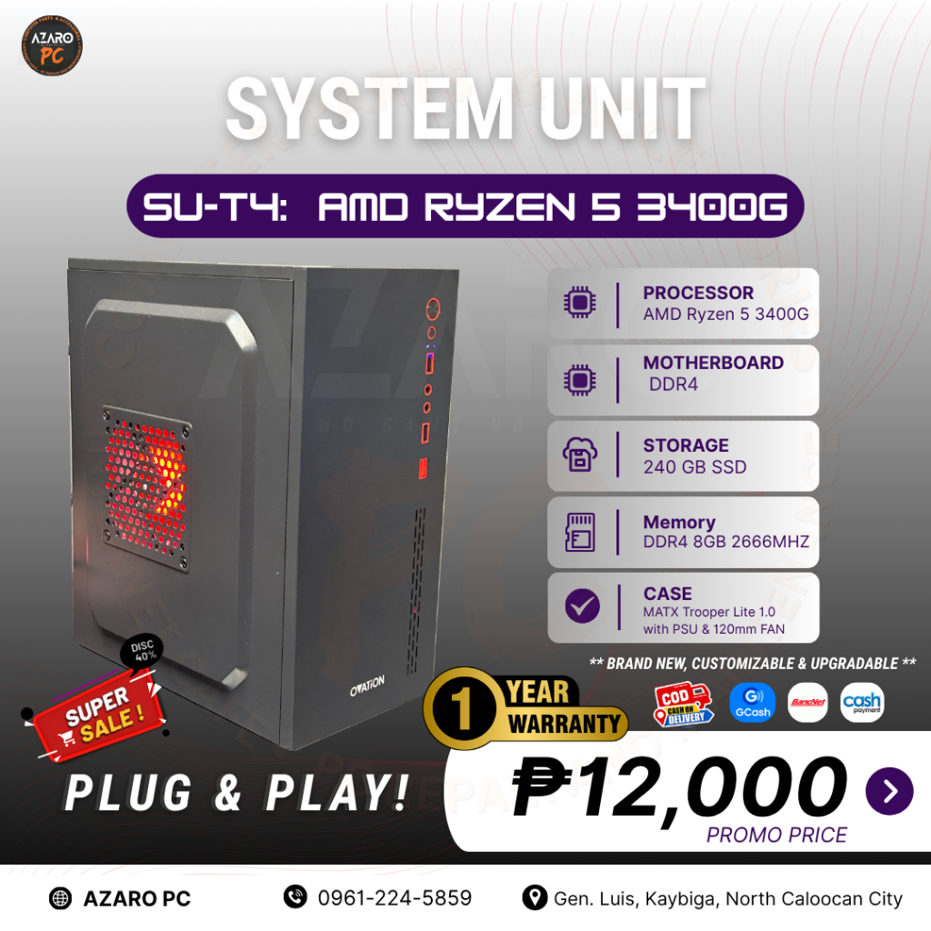 BRAND NEW DESKTOP COMPUTER SYSTEM UNIT ONLY (AMD RYZEN 5 3400G) 8GB RAM ...