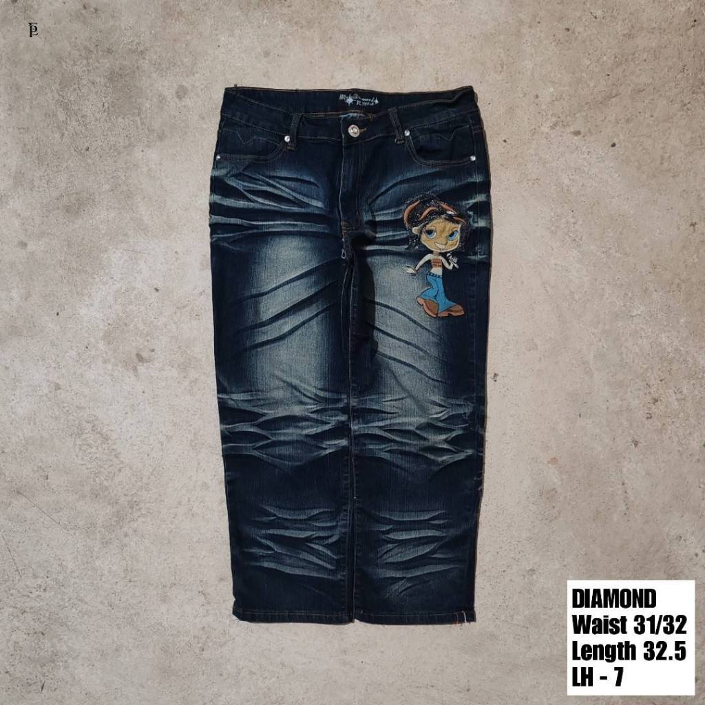 Y2k Diamond Rock Capri Jeans Cartoons Embroidered Design For Women ...
