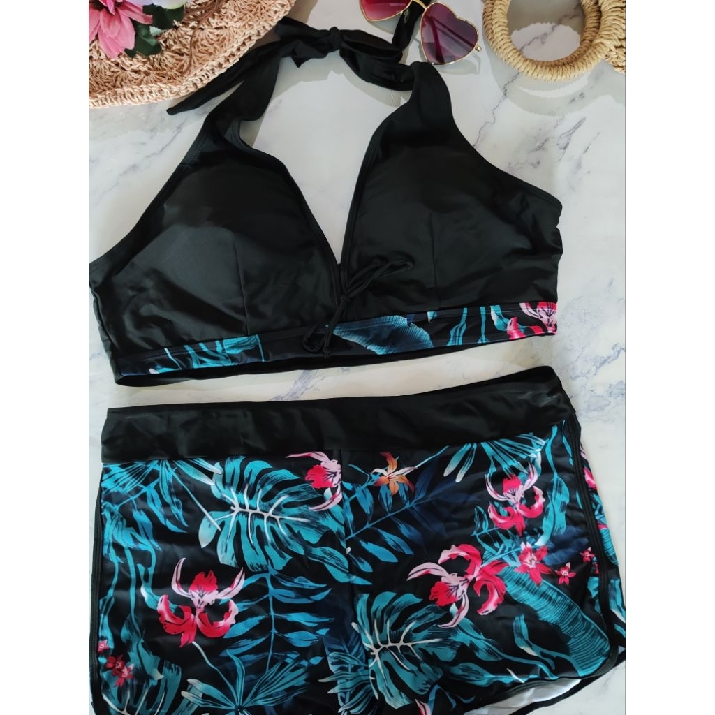 Plus Size 3XL Two Piece Black Tropical Print Halter Top and Bottom ...